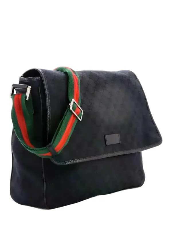 Gucci Web Strap Flap Messenger Gg Canvas Medium Crossbody Bag - Black