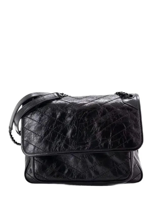 Saint Laurent Niki Chain Flap Bag Matelassé Chevron Leather Shoulder Bag - Black
