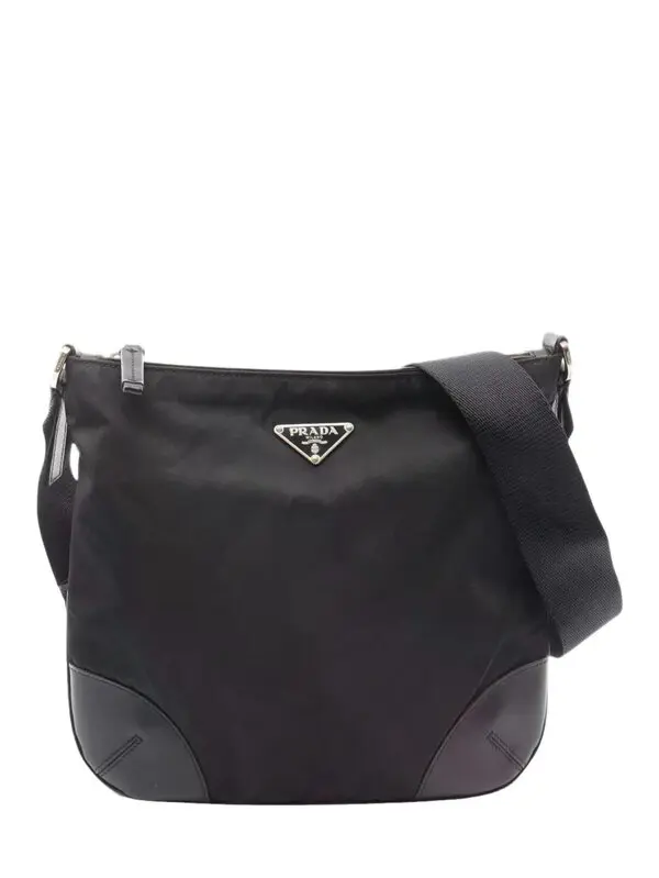 Prada 2013-2026 Vitello Trimmed Tessuto Zip Top Crossbody Bag - Black