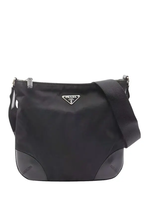 Prada Vitello Trimmed Tessuto Zip Top Crossbody Bag - Black