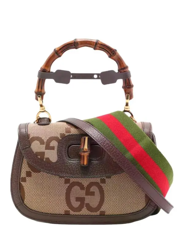 Gucci 2016-2026 Small Jumbo Gg Canvas Web Bamboo 1947 Top Handle Bag Satchel - Neutrals