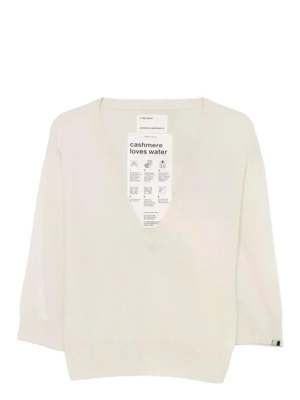 Extreme Cashmere Pearl V-neck Three-quarter-sleeve Sweater - Neutrals