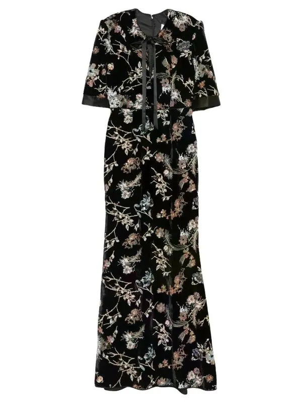 DE SANTIS Floral Embroidered Velvet Maxi Dress - Black