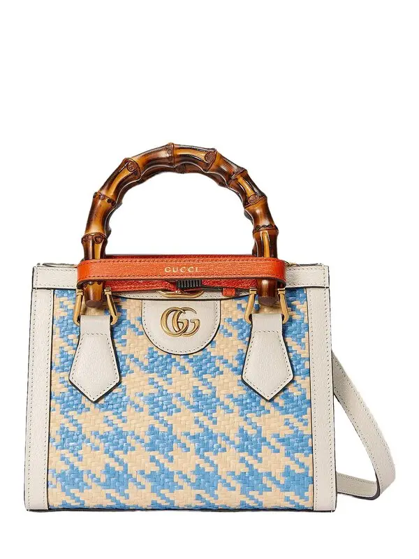Gucci Diana Mini Houndstooth Raffia Effect Tote Bag - Blue