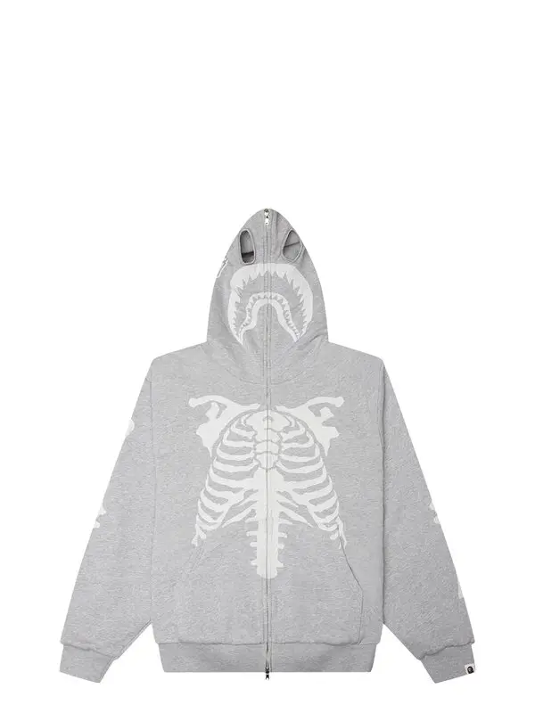 A BATHING APE Skeleton Shark Heavy Washed Cropped Full Zip Hoodie - Grey
