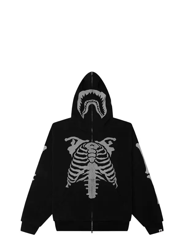 A BATHING APE Skeleton Shark Heavy Washed Cropped Fit Full Zip Hoodie - Black