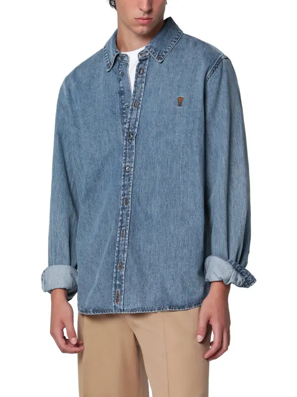 AMI Paris De Coeur Used Denim Shirt - Blue