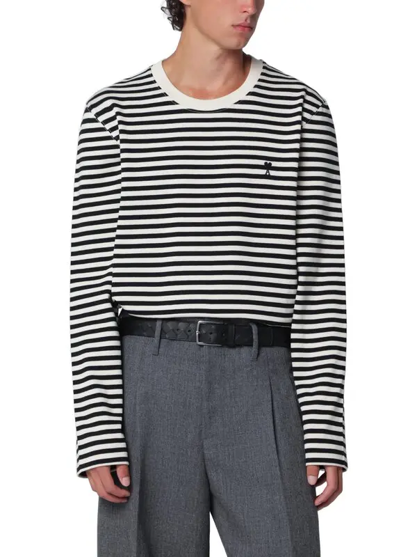 AMI Paris De Coeur Striped Cotton Sweater - Black