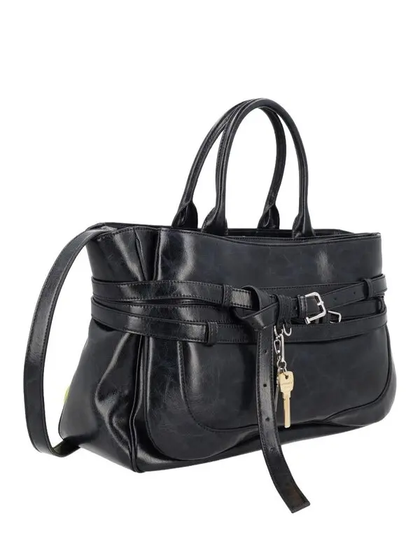 OSOI Leather Tote Bag With Belt Detail And Key Charm - Black