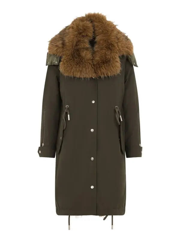 Moncler Long Down Parka Jacket In Polyamide With Faux Fur Trim - Green