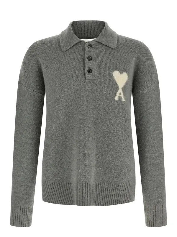 AMI Paris Alpaca Blend Intarsia Polo Sweater - Grigio