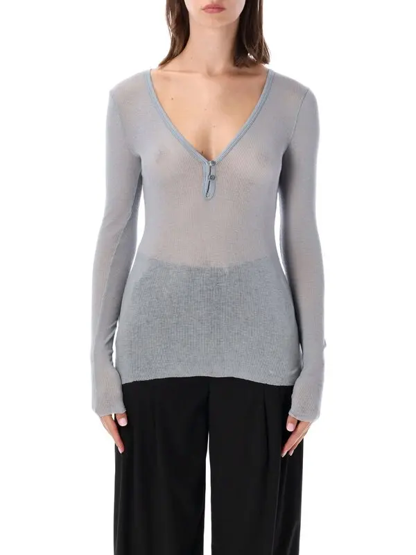 JAMES PERSE Ultra-fine Ribbed Cotton-cashmere Henley Top With Deep V-neck - Blu
