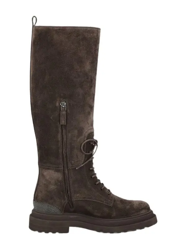 Brunello Cucinelli Suede Leather Knee-high Boots With Zip And Lace-up Fastening - Brown