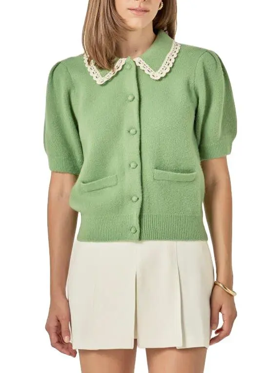 English Factory Lace Trim Puff Sleeve Cardigan - Sage