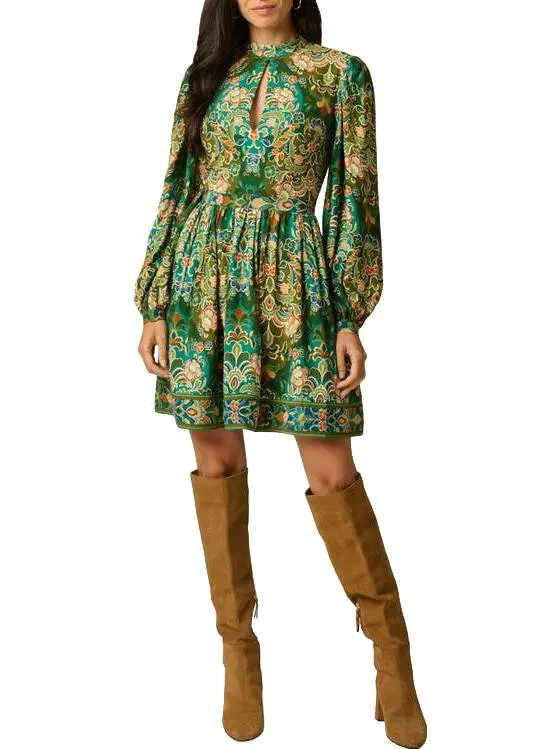 Adrianna Papell Printed Mock Neck Long Sleeve Minidress - Olive Multi