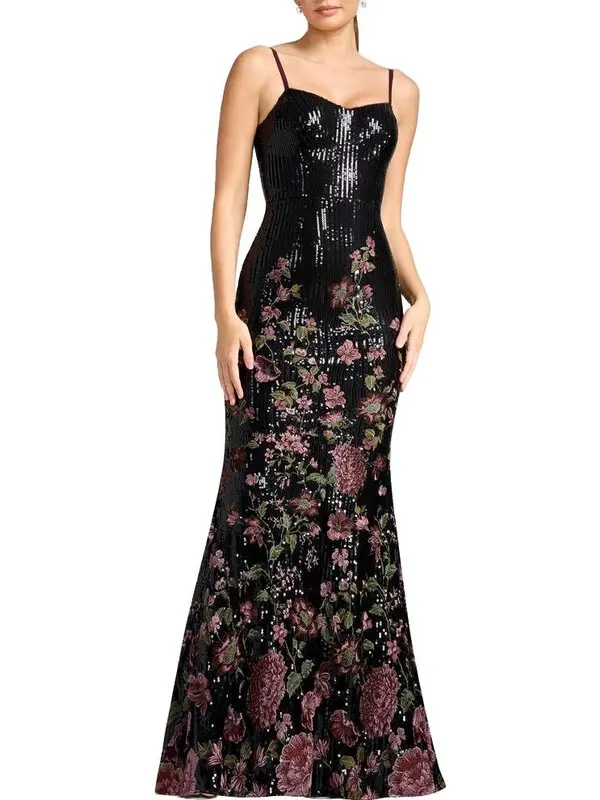 Dress The Population Giovanna Floral Embroidery Sequin Mermaid Gown - Black Multi