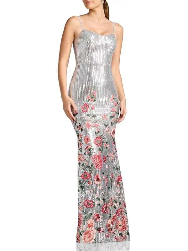Dress The Population Giovanna Floral Embroidery Sequin Mermaid Gown - Silver Multi