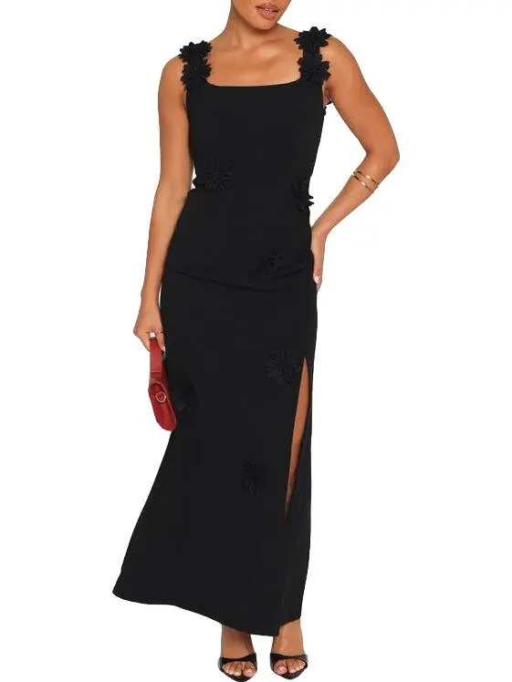 PETAL & PUP Lorenna Maxi Dress With Floral Appliqués And Side Slit - Black
