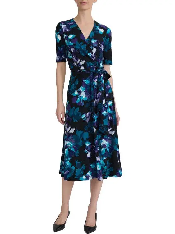 KASPER Pleated Fit And Flare Dress - Black/blue Multi