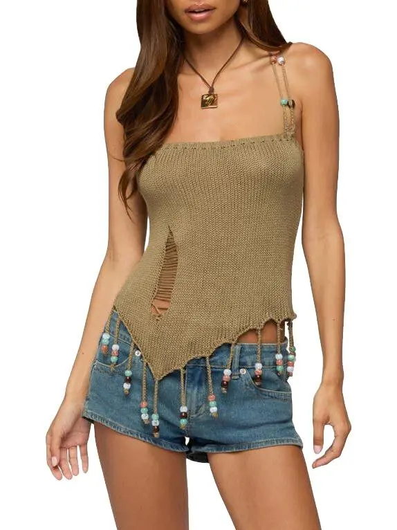 EDIKTED Fernie Bead Fringe Knit Tank Top - Olive