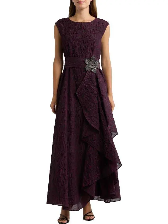 TAHARI ASL Sleeveless Crinkle Taffeta Gown With Beaded Waistline Bloom - Plum