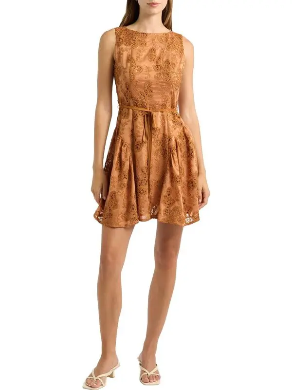 Moon River Embroidered Sleeveless Minidress - Rust