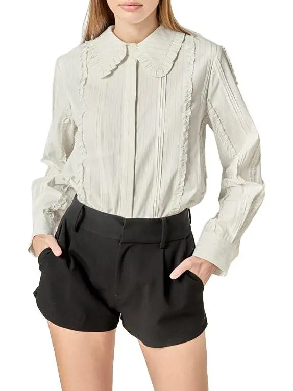 English Factory Striped Pintuck & Ruffle Button-up Shirt - White