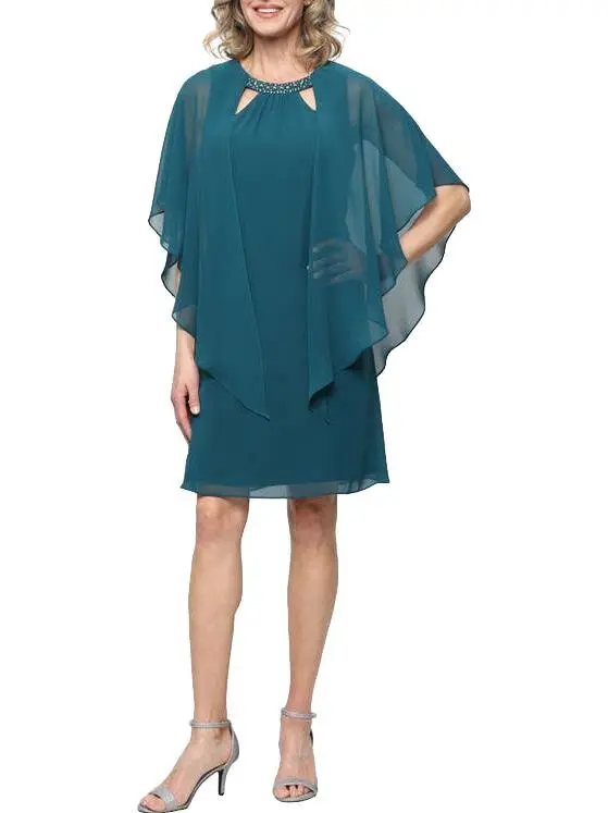 SL FASHIONS Embellished Crewneck Cape Dress - Mallard