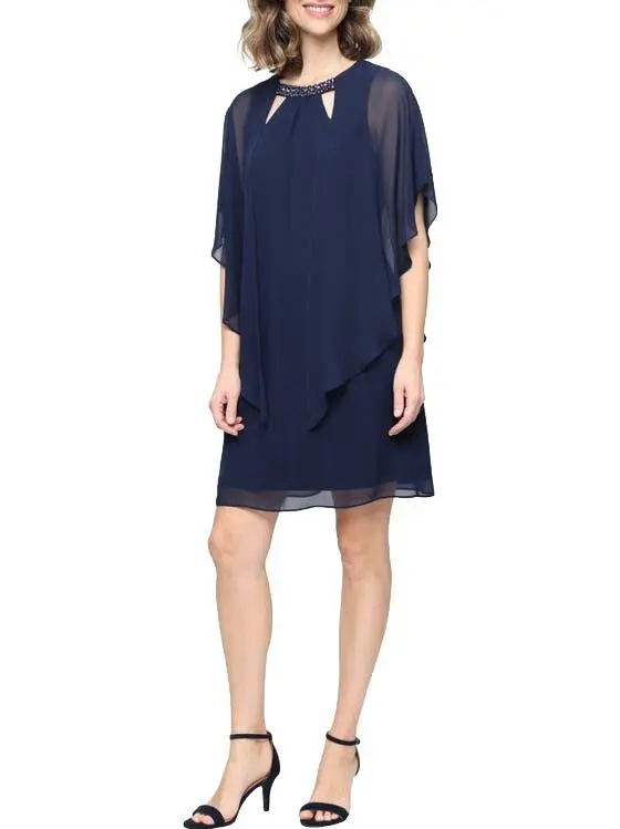 SL FASHIONS Embellished Crewneck Cape Dress - Navy