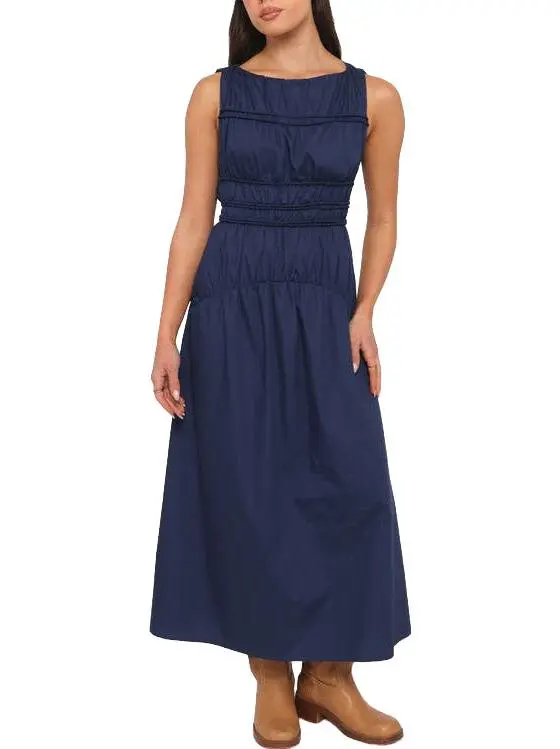 PETAL & PUP Fern Smocked Midi Dress - Navy Blue
