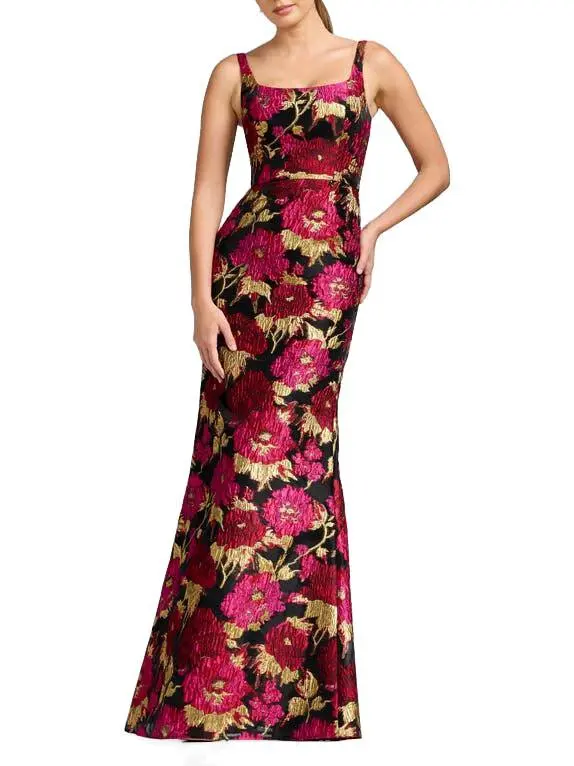 Dress The Population Lorena Metallic Floral Brocade Mermaid Gown - Fuchsia Multi