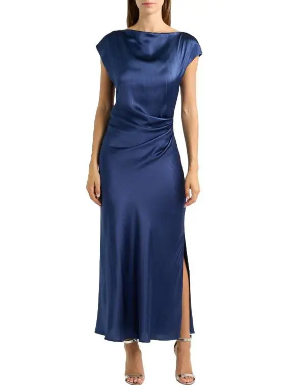 Sam Edelman Drape Bateau Neck Side Ruched Satin Cocktail Dress - Navy