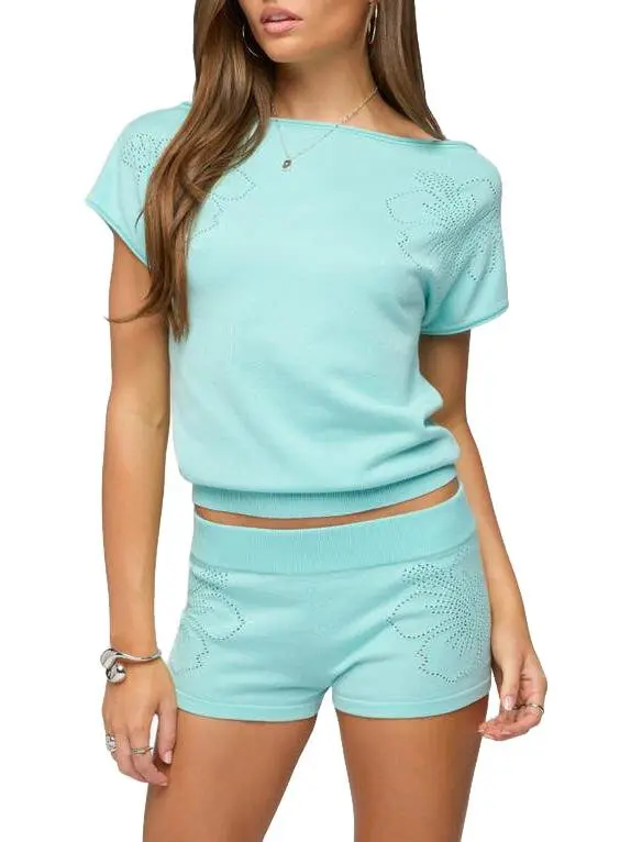 EDIKTED Ediktéd Floral Pointelle Knit Top - Aqua