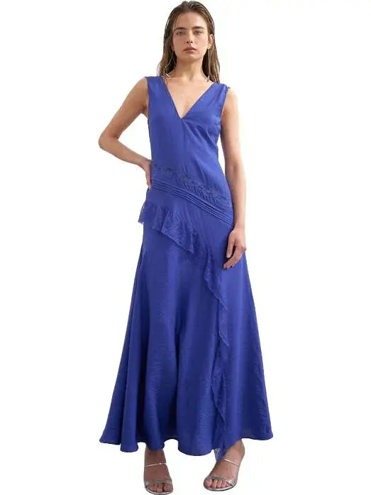 Topshop Asymmetrical Lace Insert Maxi Dress - Mblue