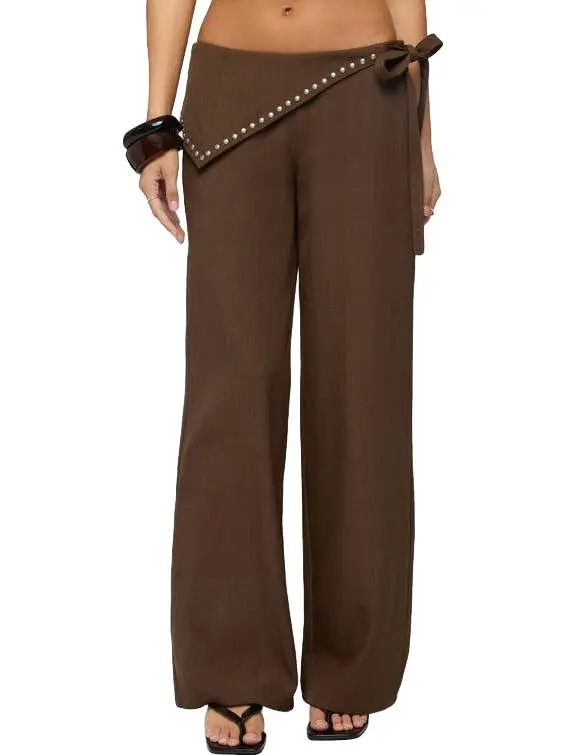 EDIKTED Studded Foldover Low Rise Wide Leg Pants - Brown