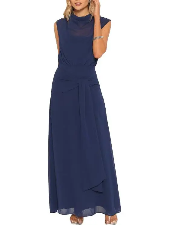 PETAL & PUP Sleeveless High Neck Draped Sash Midi Dress - Navy