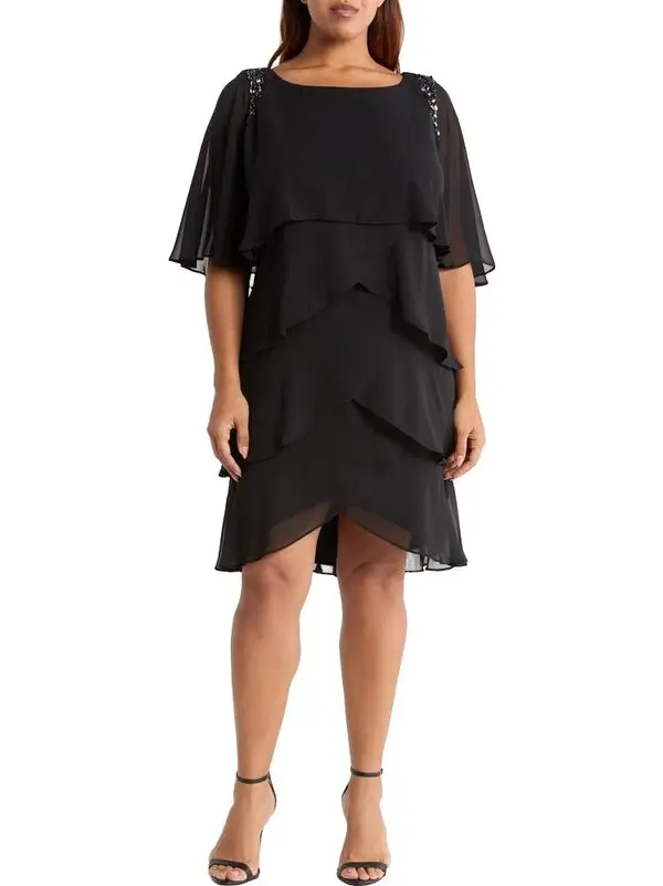 SL FASHIONS Beaded Cape Overlay Cocktail Dress - Black