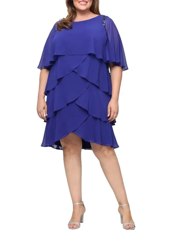 SL FASHIONS Beaded Cape Overlay Cocktail Dress - Iris