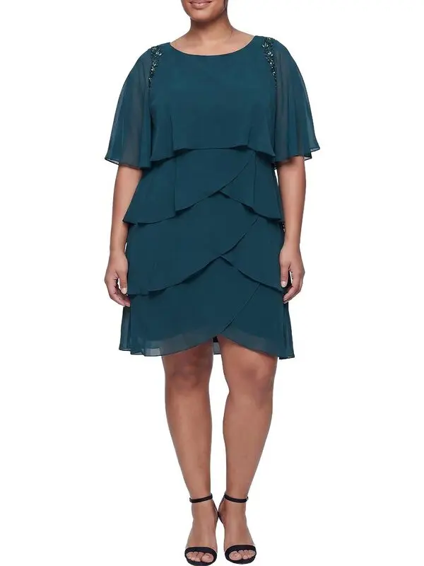 SL FASHIONS Beaded Cape Overlay Cocktail Dress - Mallard