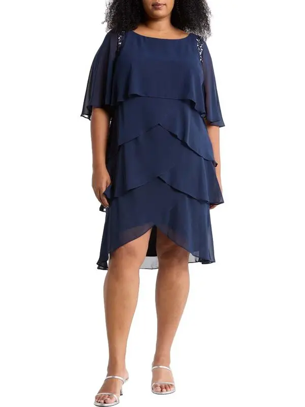 SL FASHIONS Beaded Cape Overlay Cocktail Dress - New Navy