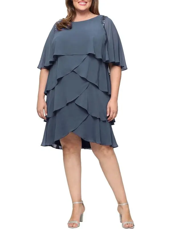 SL FASHIONS Beaded Cape Overlay Cocktail Dress - Slate