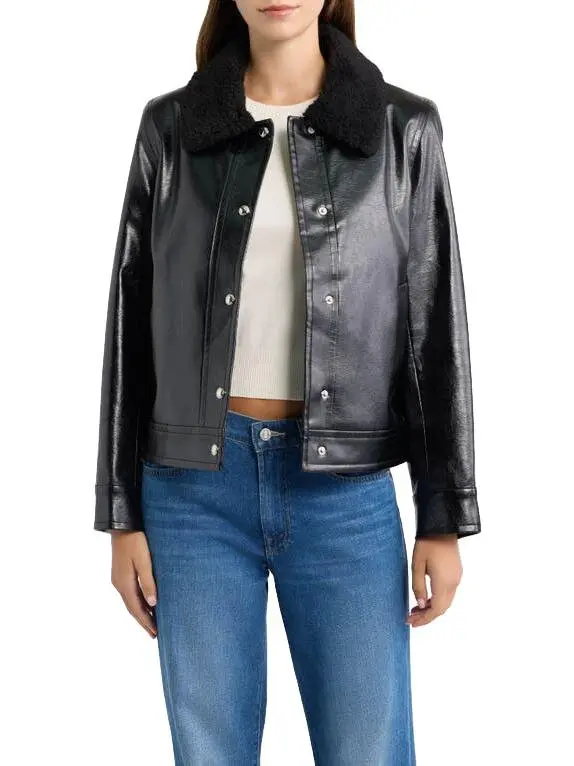 Sam Edelman Slim Fit Faux Leather Jacket With Faux Fur Trim - Black