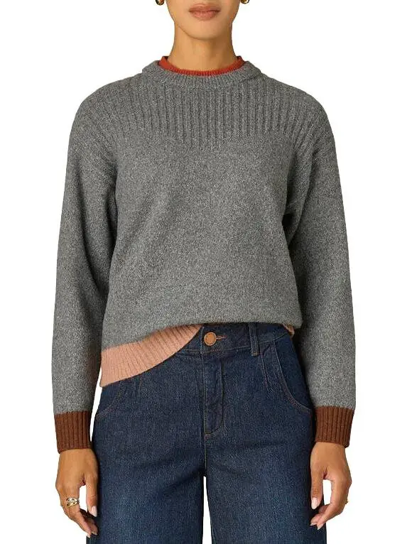 Wit & Wisdom Crewneck Ribbed Sweater With Colorblocked Trim - Charcoal