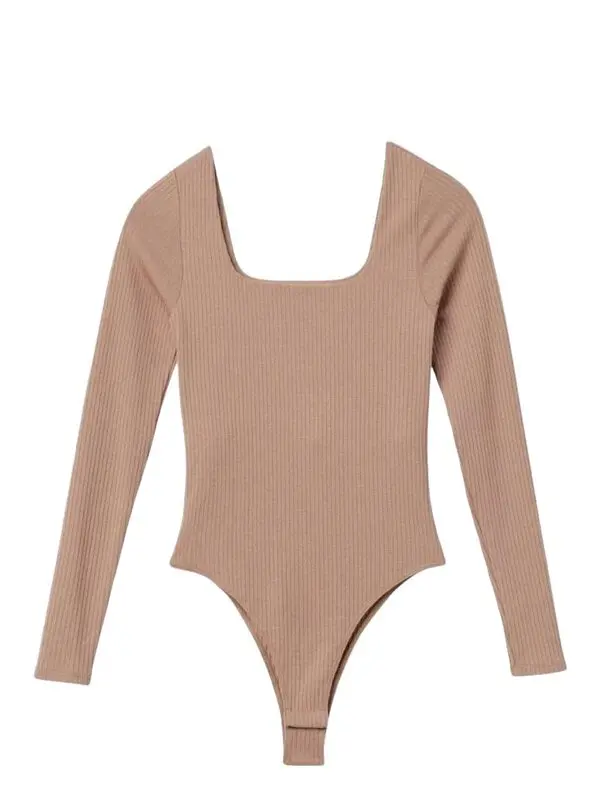 DĀL THE LABEL Ribbed Long Sleeve Square Neck Bodysuit - Beige
