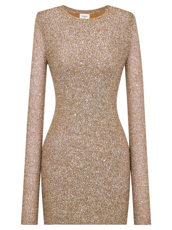 Saint Laurent Sequin Mini Dress In Knit - Marron/argent