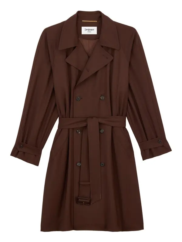 Saint Laurent Trench Coat In Wool Gabardine - Ebene Clair