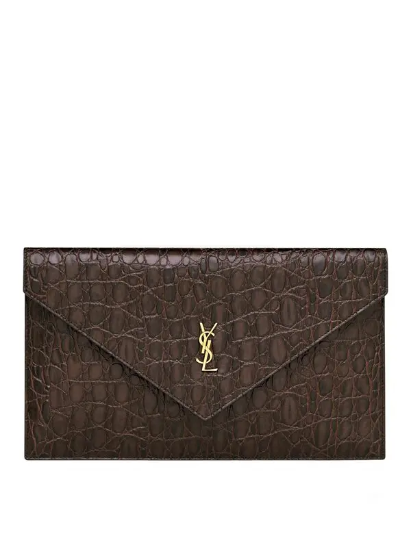 Saint Laurent Pouch In Crocodile-embossed Leather - Easy Brown