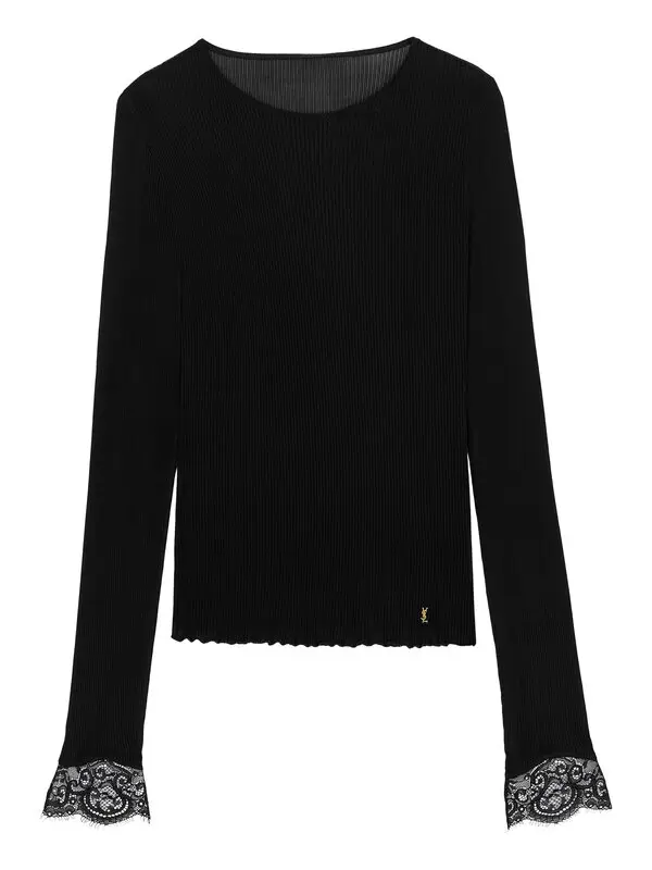 Saint Laurent Cassandre Lace-cuff Top In Ribbed Silk Jersey - Noir