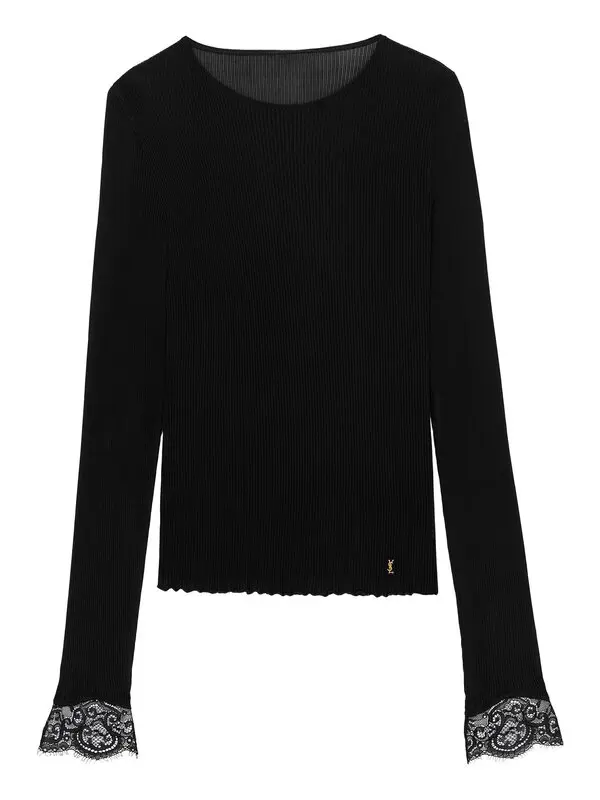 Saint Laurent Cassandre Lace Cuff Ribbed Silk Top - Noir