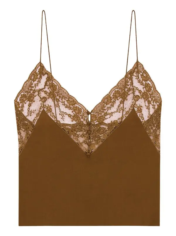 Saint Laurent Silk Crepe De Chine Laced Camisole - Cuir